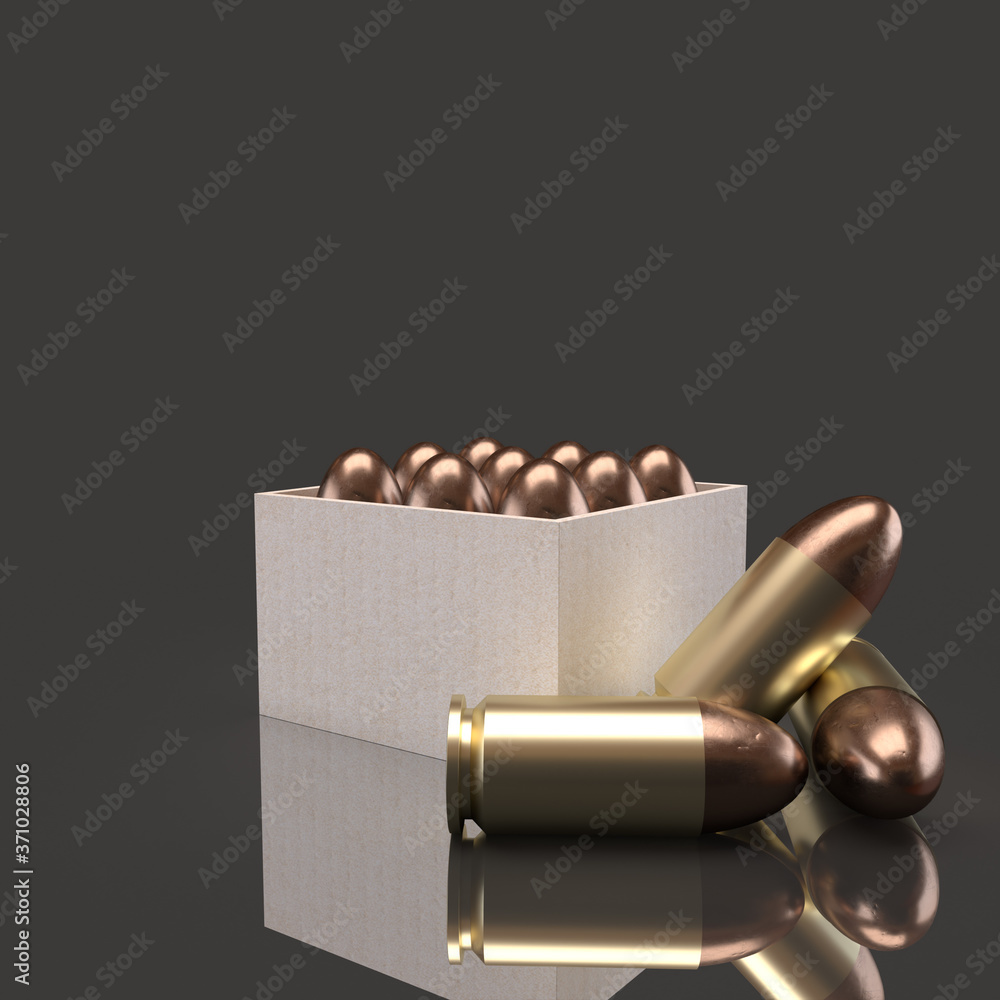 Bullets and box with reflex shadow on dark background. 3D rendering ...