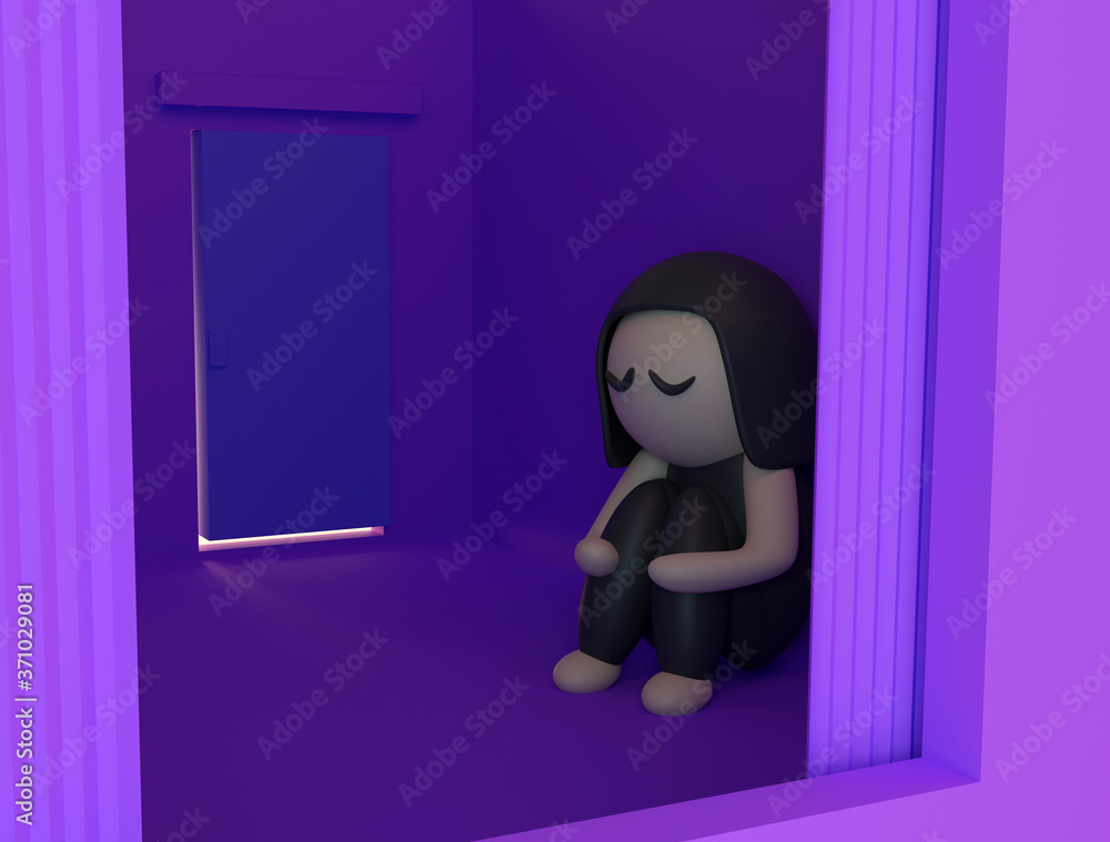 Sad girl sitting alone in an empty room. Neglected and abandoned ...