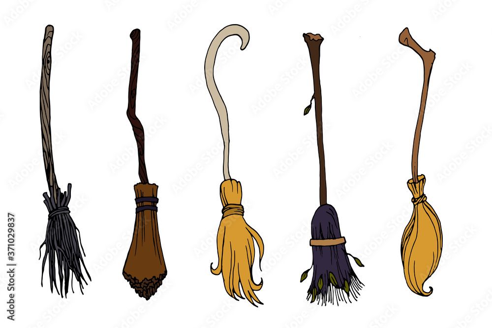 Witch brooms color set isolated on white background. Doodle style ...