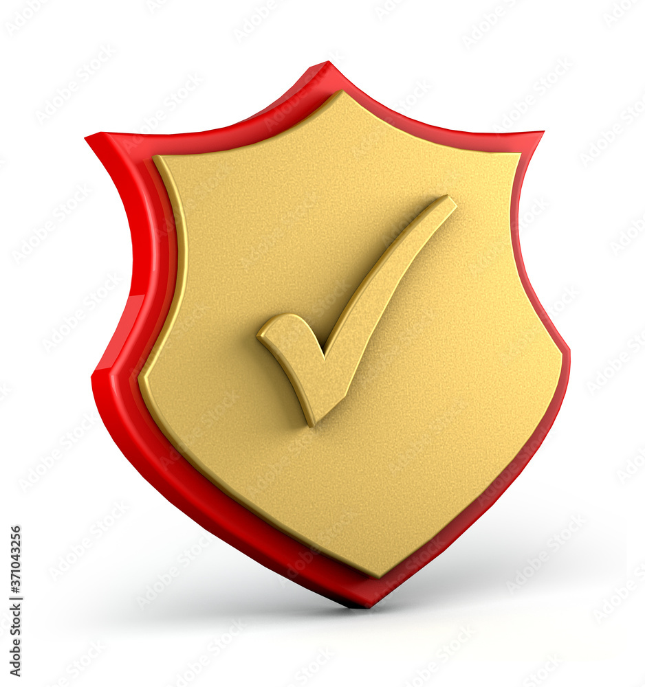 Gold and red shield with golden check mark on white background. Shield ...
