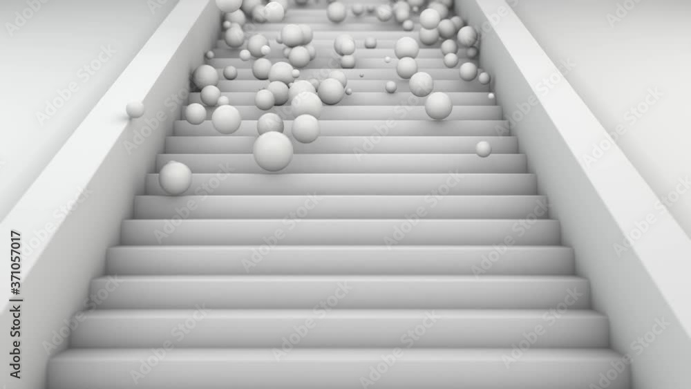 3D animation of a lot of falling balls on a moving step conveyor. The ...