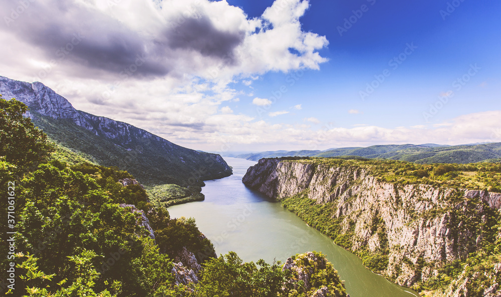 Danube river gorge, looking from peak, amazing nature landscape, summer ...
