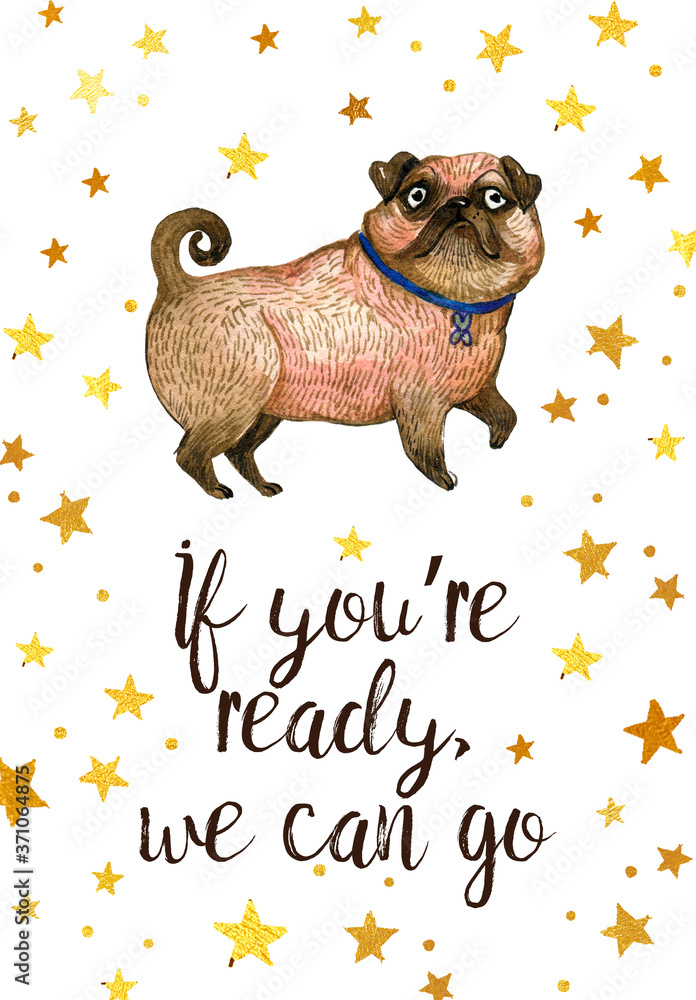 Card with golden stars and watercolor mops in brown color, the card on ...