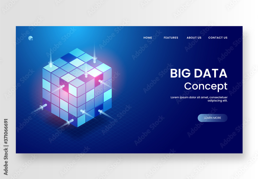 Big Data Website Hero Image Layout with Shiny Blue Cube Stock Template ...