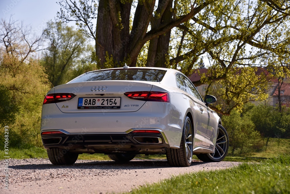 Audi A5 S line. Luxury coupe in the old park. General rear view. 04-21 ...