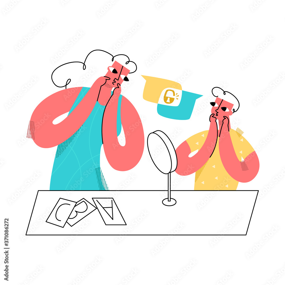 Vector flat illustration work of child speech therapist. She conducts ...