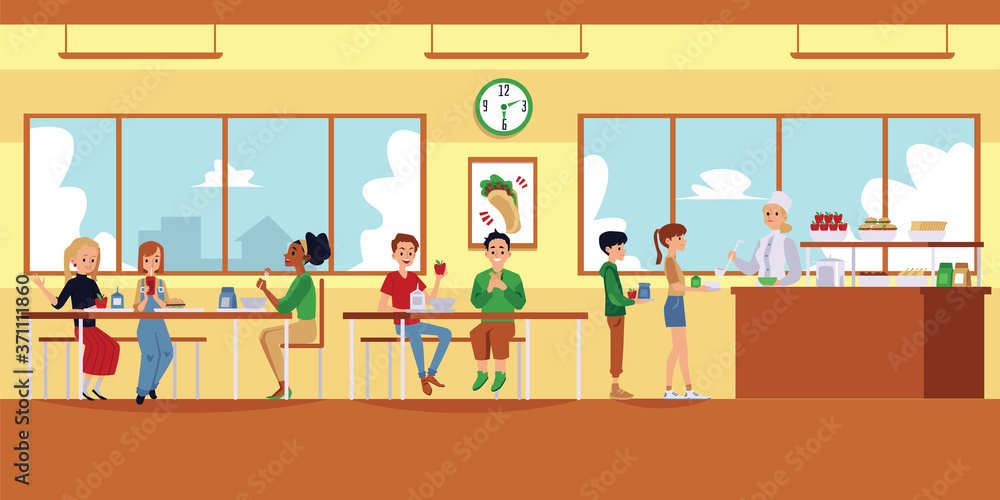 School cafeteria interior with cartoon children eating food and lunch ...