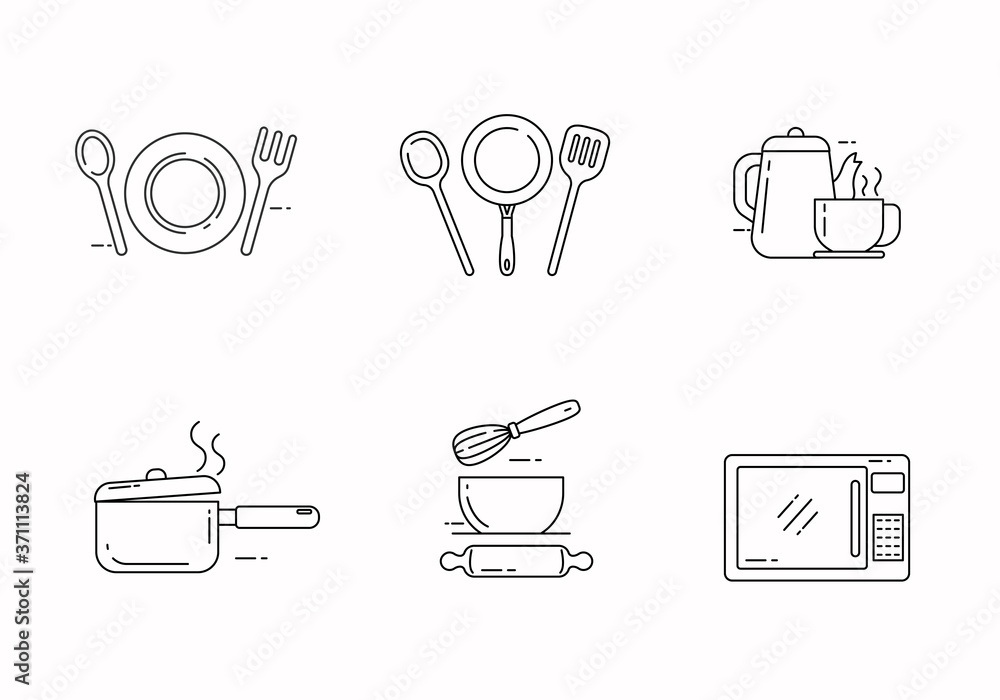 Outline style of kitchen tools icon collection isolated on white ...
