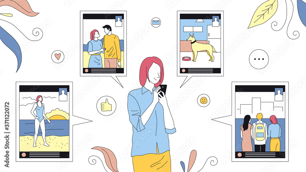 Young Female Character Browse Social Networks. Woman Posting Images ...