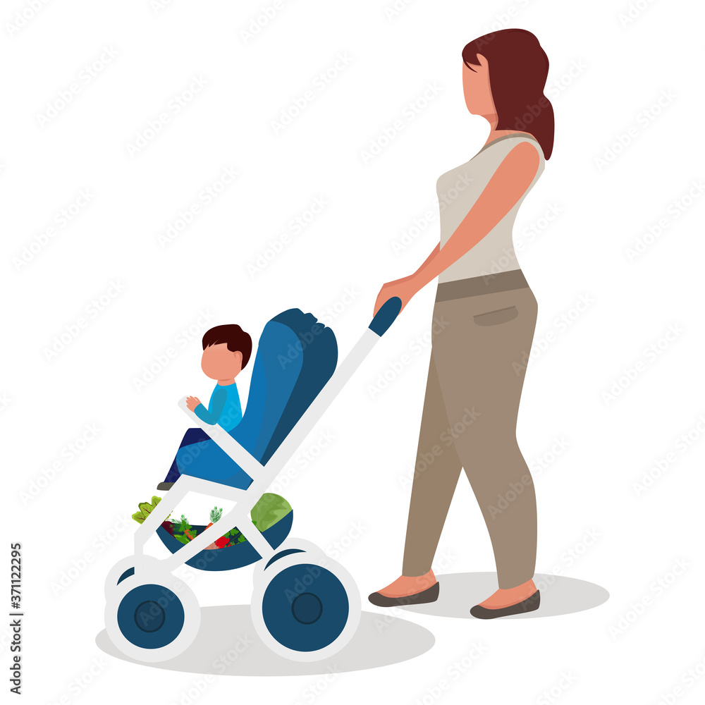 Mom is taking her son in a stroller. Child. Graphic vector drawing in ...