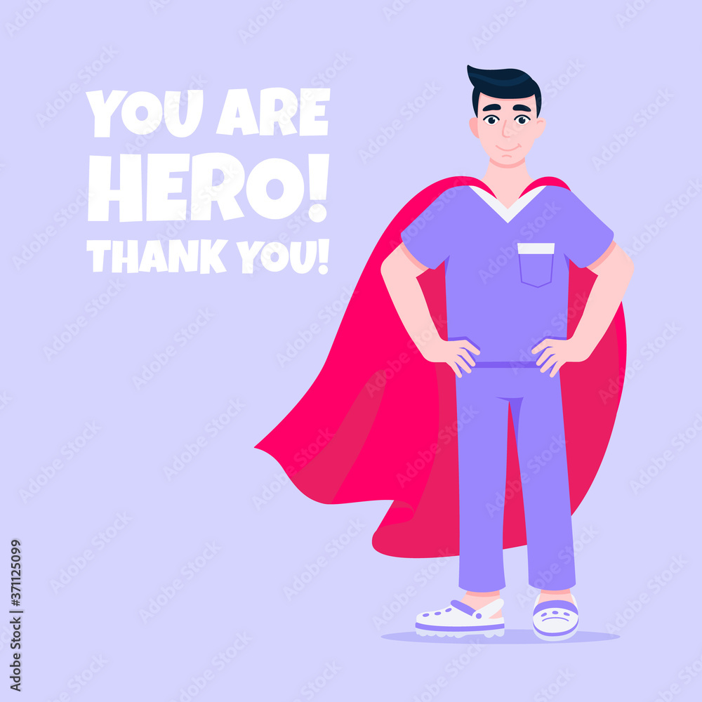 Young male nurse hospital medical employee with hero cape behind fights ...