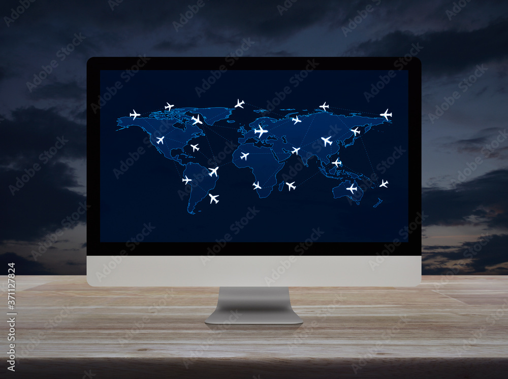 Flight routes airplanes connection and world map with desktop modern ...