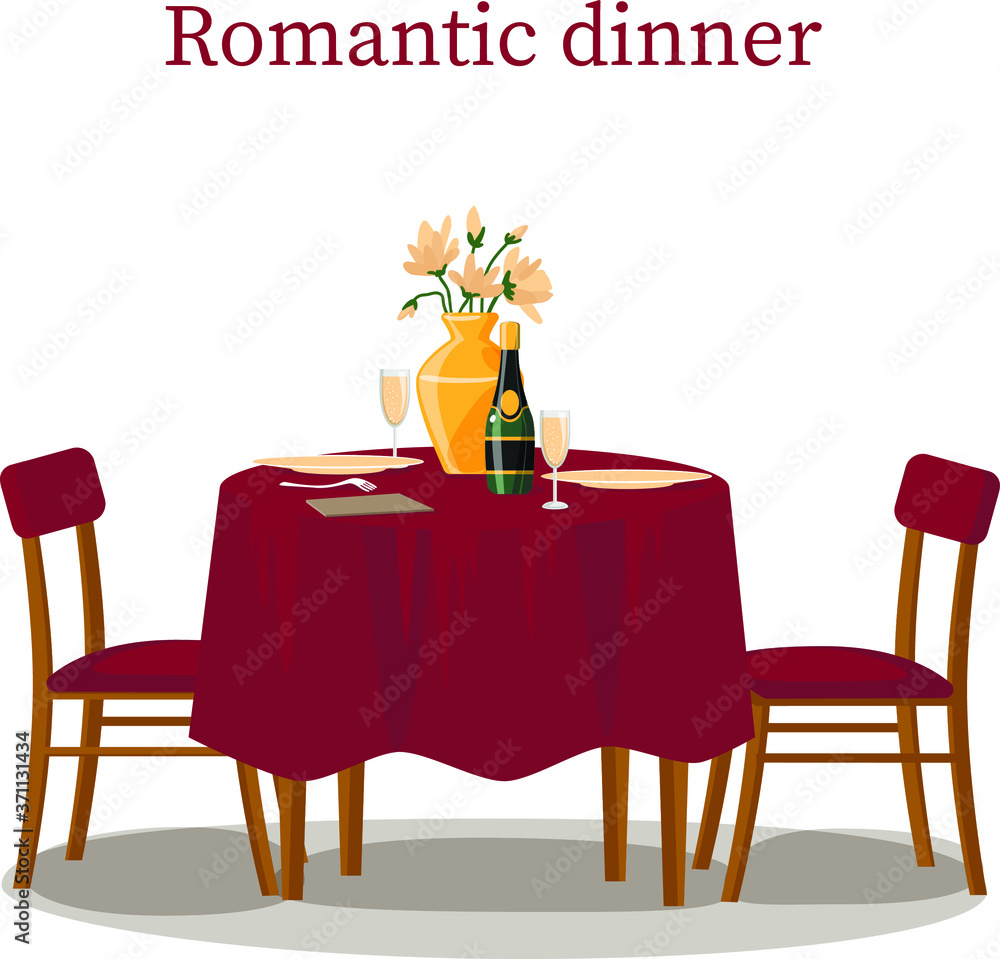Romantic dinner in restaurant. Cartoon vector illustration. Dinner date ...