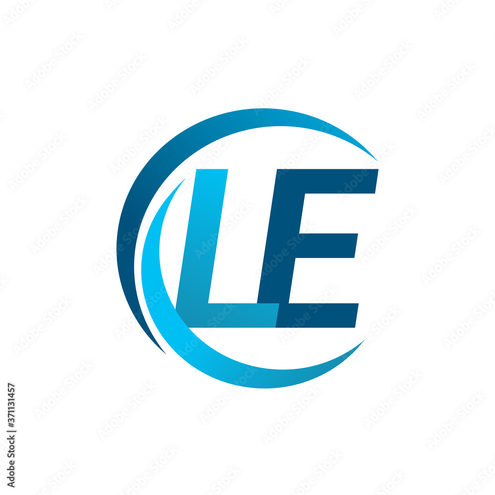 initial letter LE logotype company name blue circle and swoosh design ...