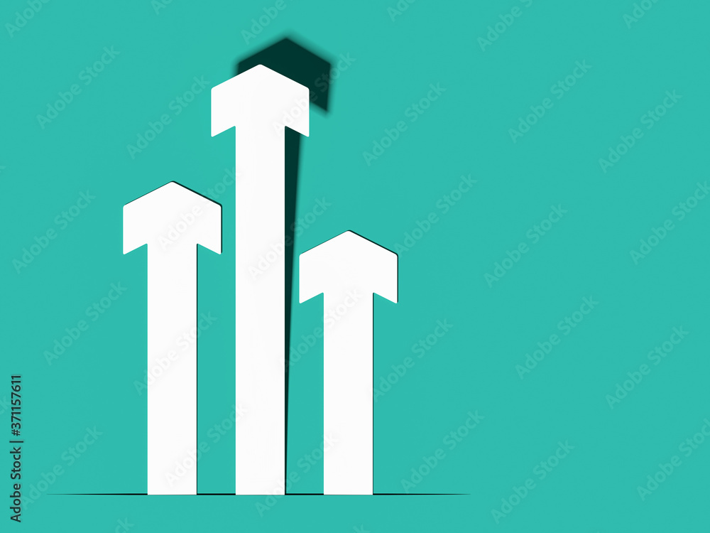 Three white arrows pointing upwards isolated on teal blue background ...