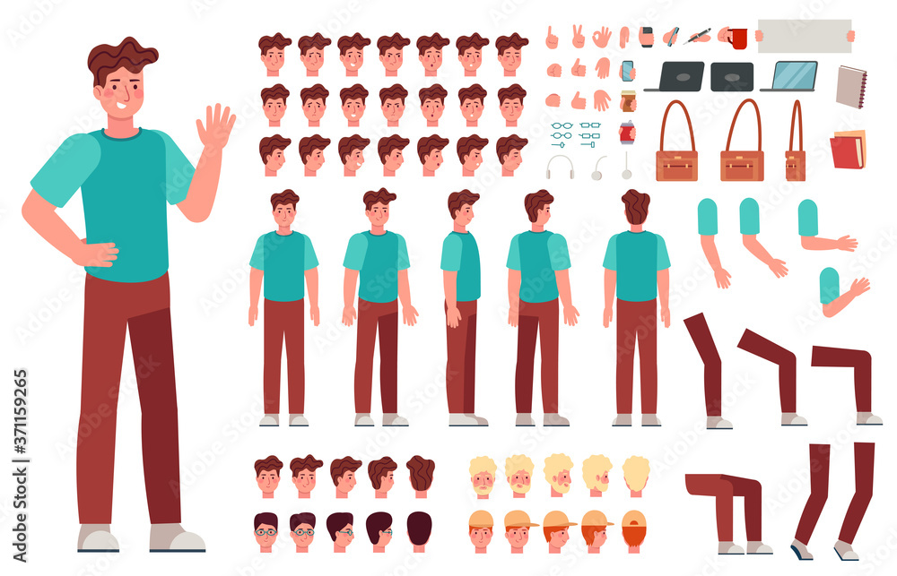 Cartoon male character kit. Man animation body parts, guy in casual ...