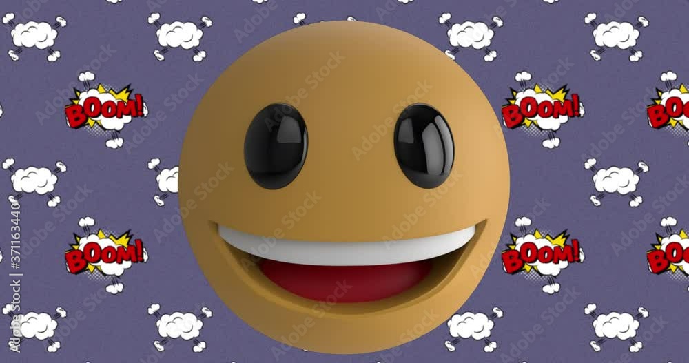 Smiley face emoji over boom text on speech bubbles against purple ...