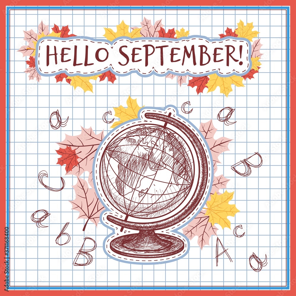Globe on the background of a checkered paper sheet. Design for student ...