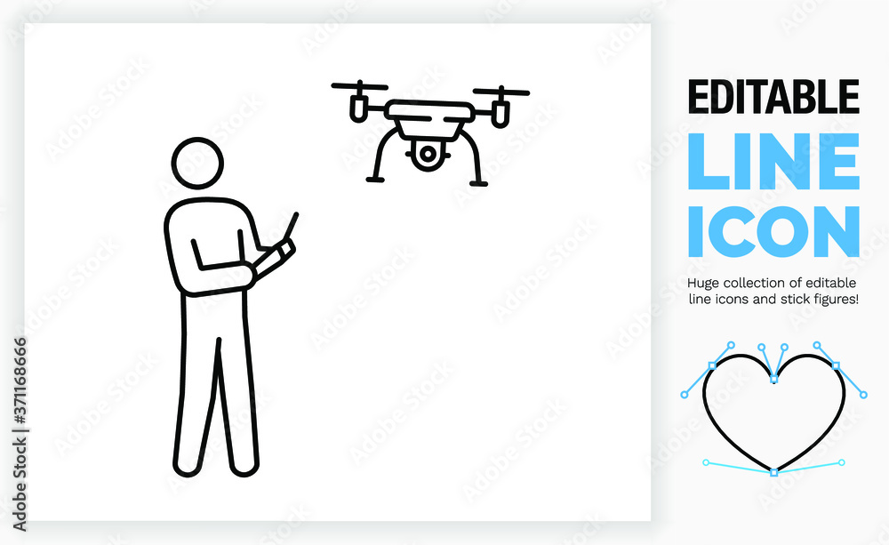 Editable line icon of a stick figure flying a drone, part of a huge set ...