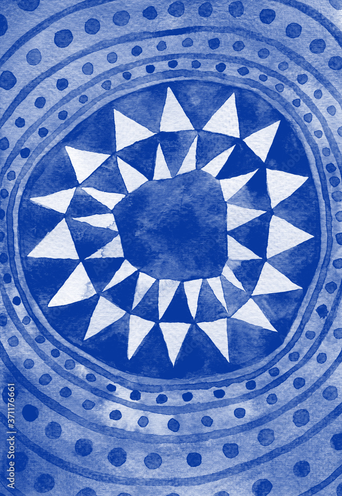 Classic blue tribal abstract watercolor background with a circle of ...