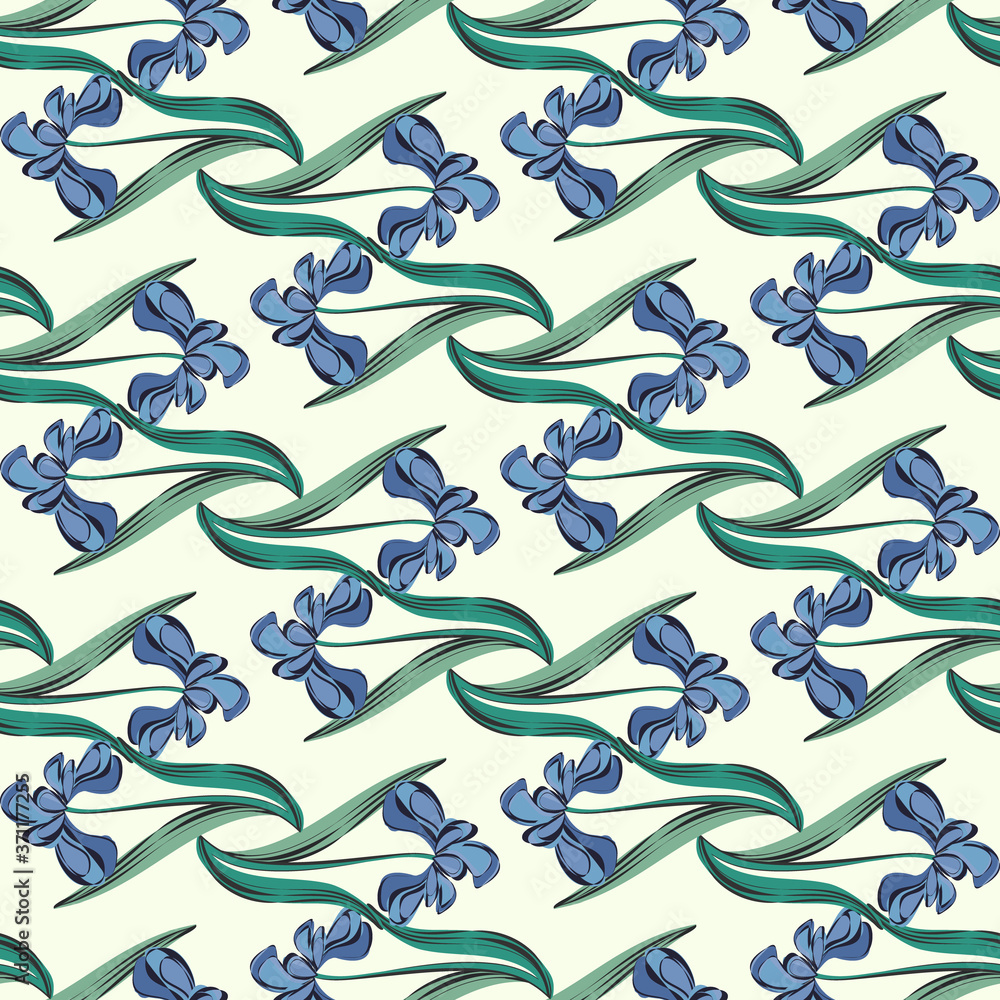 Seamless retro 1940s pattern in flowers of cute irises. Vintage floral ...
