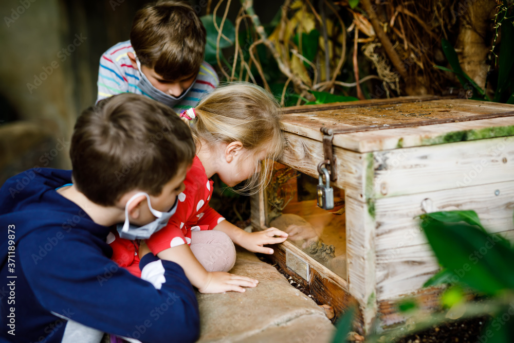 Two kids boys and toddler girl visiting together zoo. Three children ...