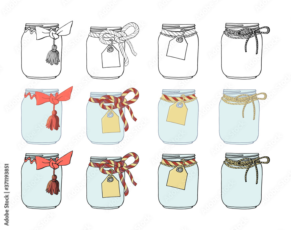 Set of hand drawn mason jars with bows and tags. Stock vector Stock ...