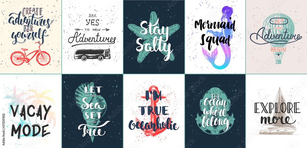 Set of 10 vector summer adventure and travel motivational and ...