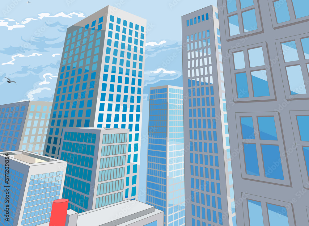 A city buildings cartoon comic book style background with skyscrapers ...