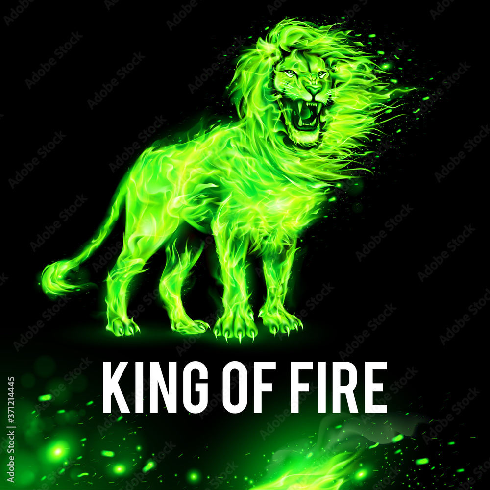 Aggressive Lion in Flames. Concept Image with Realistic Green Fire ...