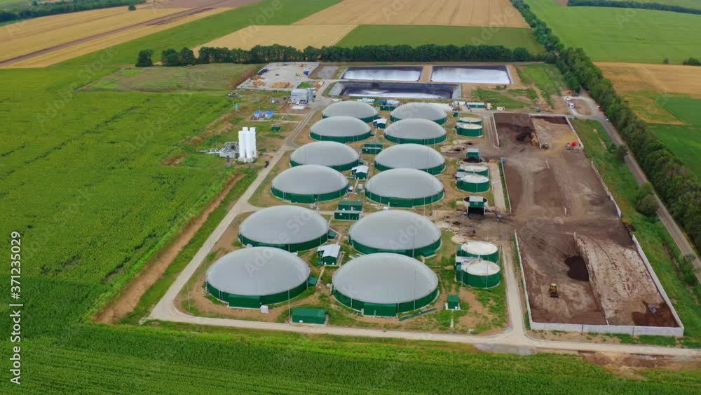 Agricultural biogas plant. Aerial view of green biogas plant storage ...
