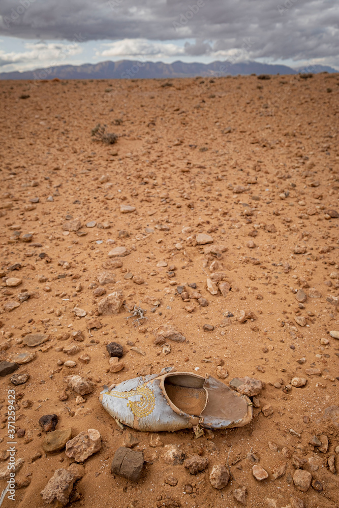 alpargata magrebi perdida en el desierto, valle del Muluya. Atlas medio ...