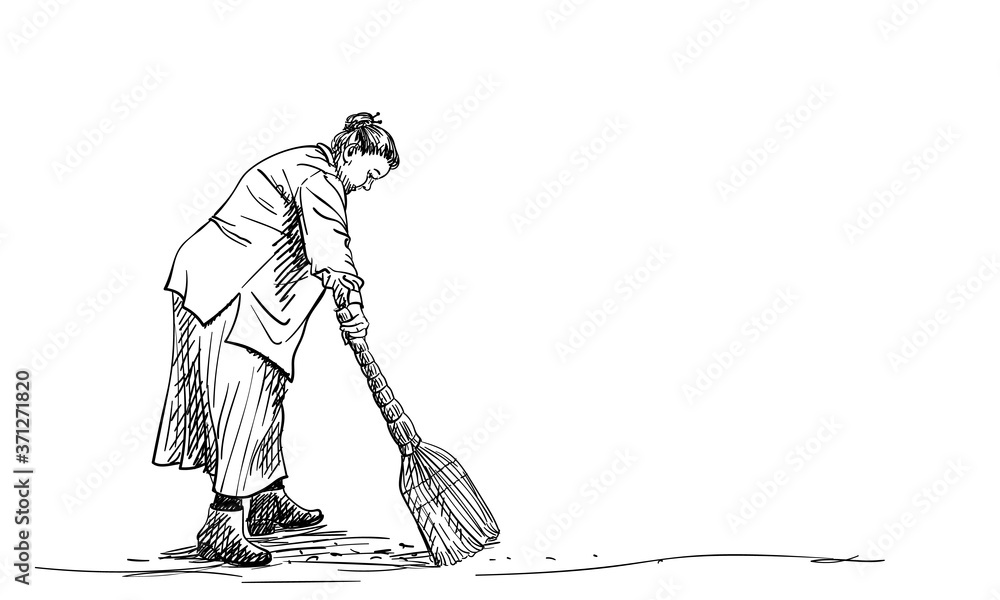 Drawing of old plus size woman sweeps floor with broom, Vector sketch ...