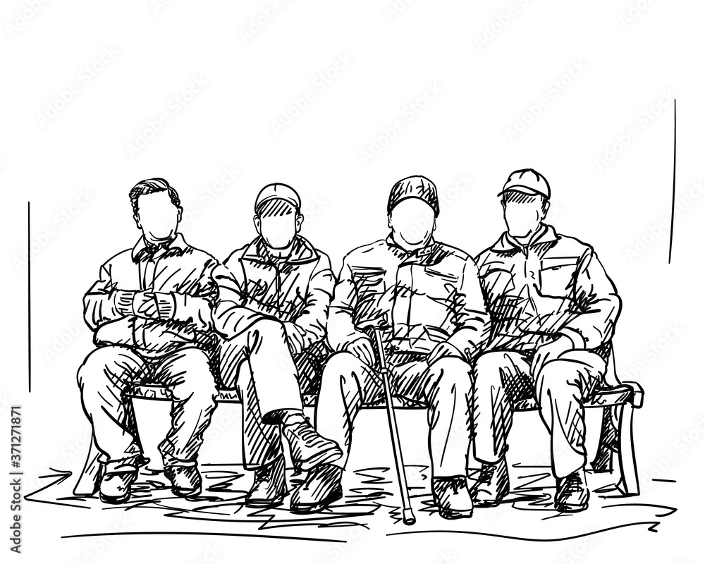 Drawing of four old men friends sitting on bench near to each other ...