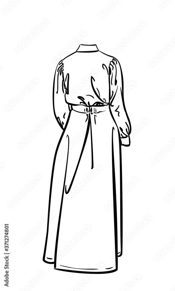 Drawing of female old-fashion retro dress back view, Vintage costume ...