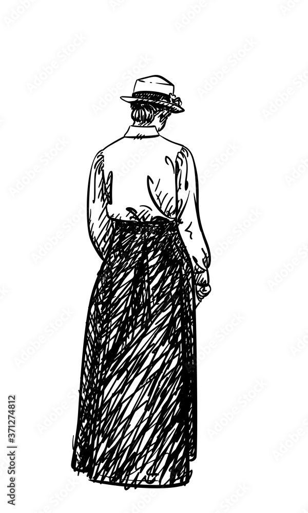 Drawing of a girl in old-fashion retro dress back view, Woman in ...