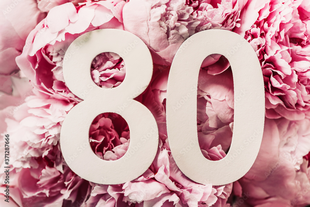 Peony flowers, digit eighty. Birthday greeting card with inscription 80 ...
