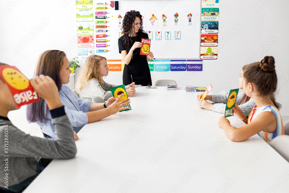 English teacher with children in the classroom. Learning English as a ...