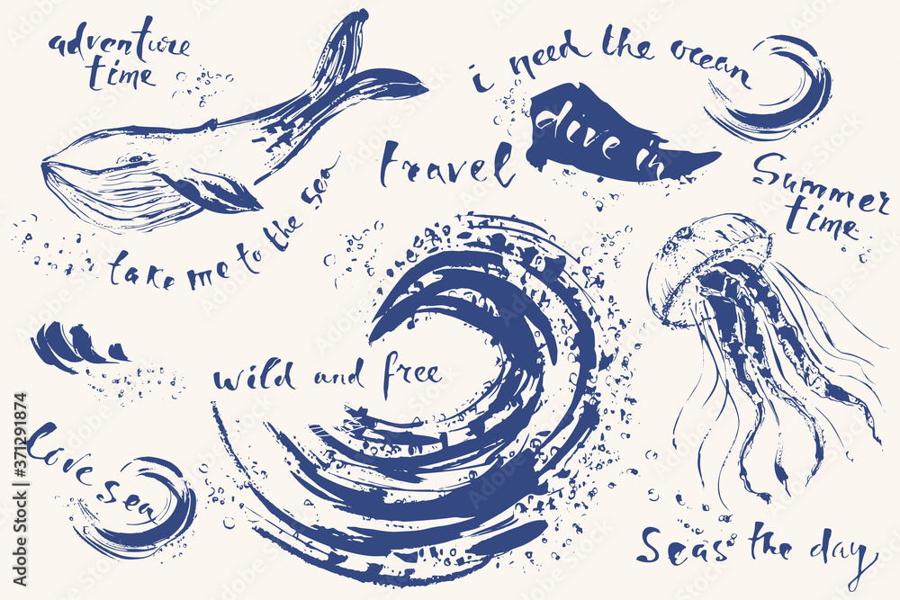 Hand drawn ink sketch of a sea animals and ocean wave with bibbles ...