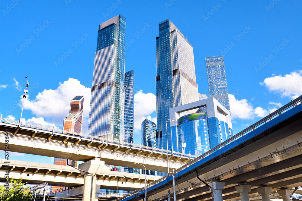 freeway intersection in modern city landscape against downtown ...