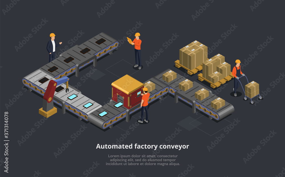 Vector Illustration Of Automated Factory Conveyor. Isometric 3D ...