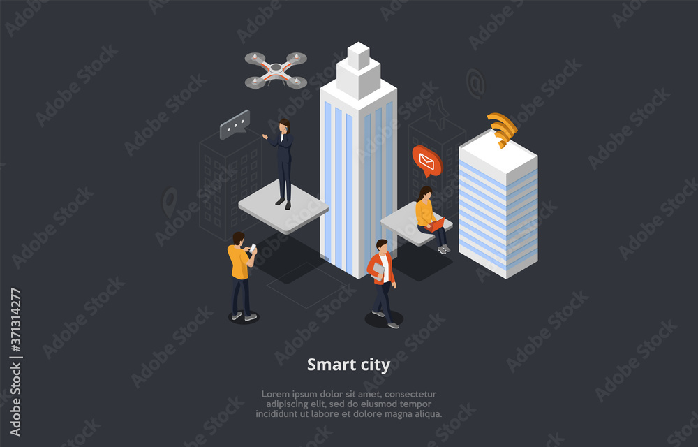 Isometric View Wireless City Composition With People Using Modern ...