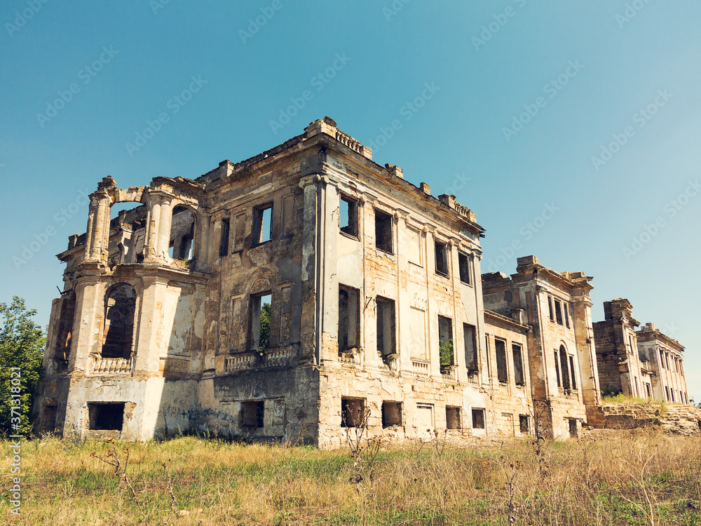 Mystical Interior, ruins of facade of an abandoned ruined building of ...
