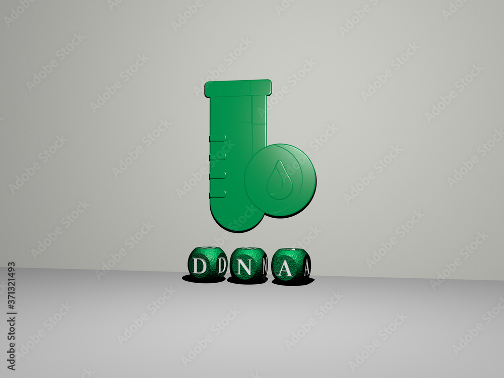 dna 3D icon on the wall and text of cubic alphabets on the floor - 3D ...
