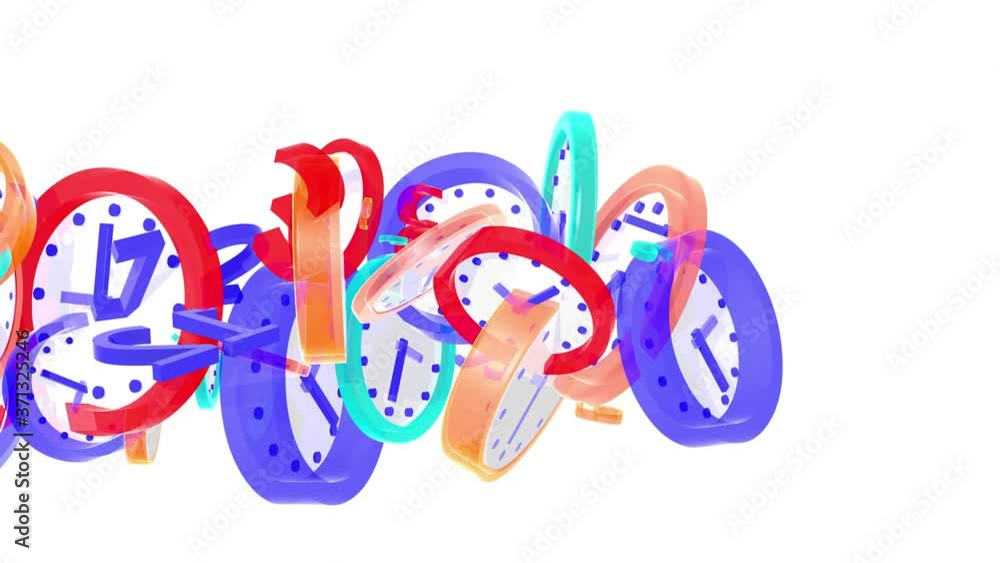 3d animation of graphic clocks and colorful numbers moving in space ...