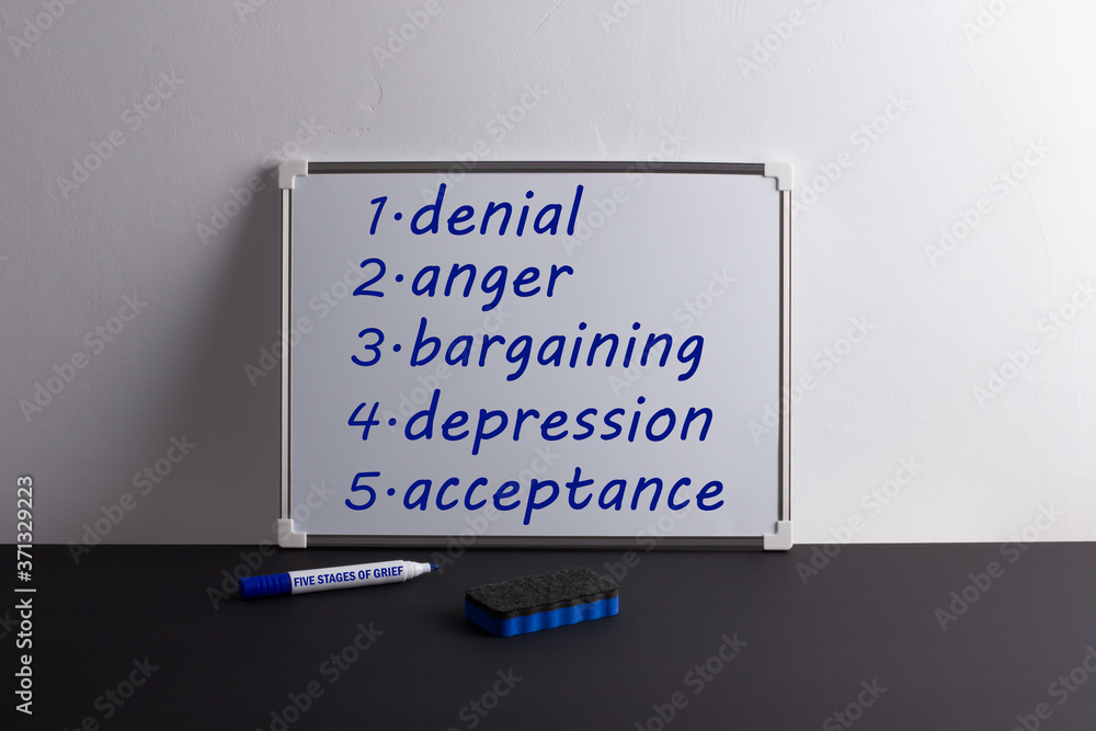 Whiteboard on black table with words: denial, anger, bargaining ...