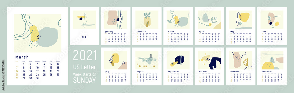 2021 сalendar design. Set of 12 months. Week starts on Sunday. Monthly ...