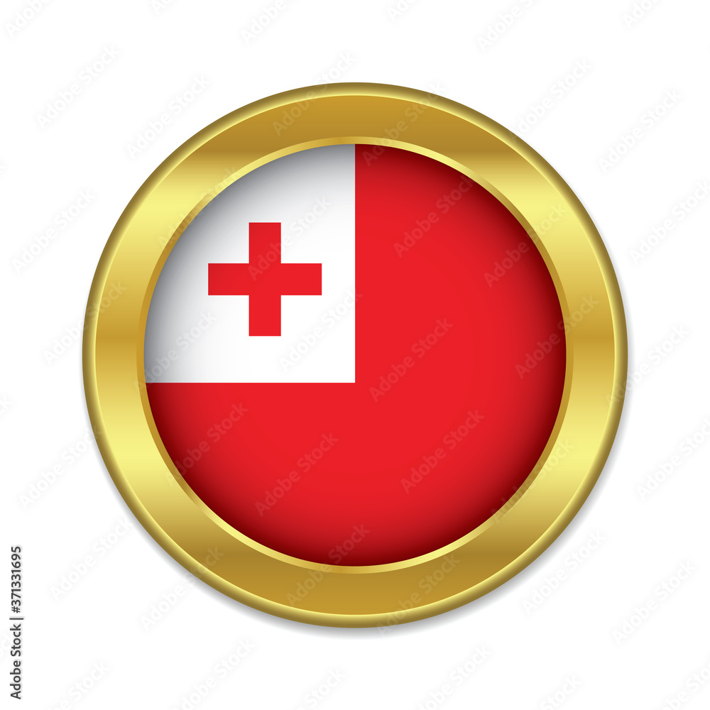 Simple bright round Tonga golden badge icon with Tongan country flag. Golden flat seal design ...
