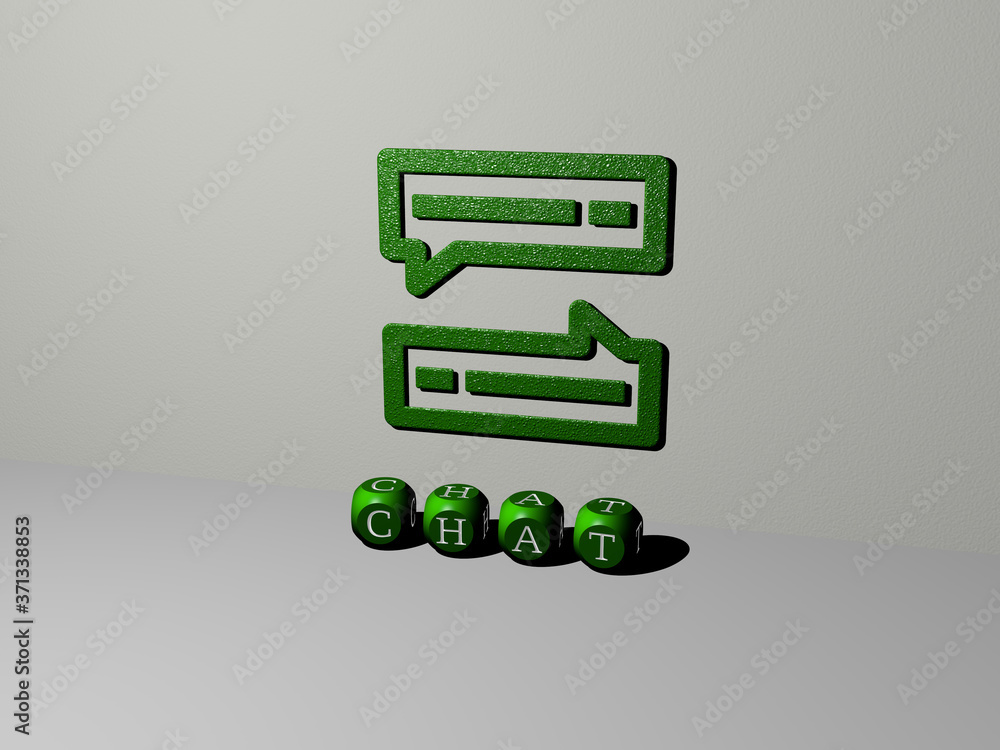 3D illustration of chat graphics and text made by metallic dice letters ...