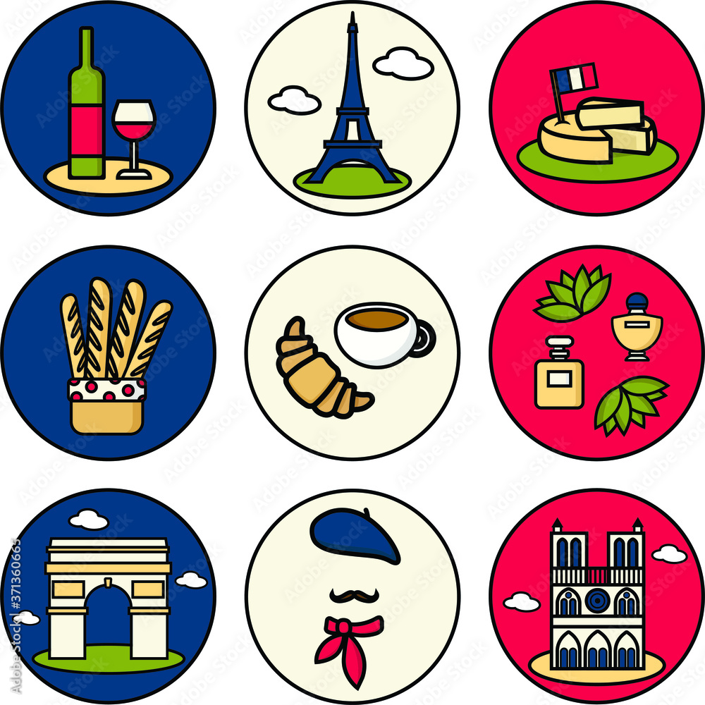 Set of round vector icons. French national flag. Symbols of France and ...
